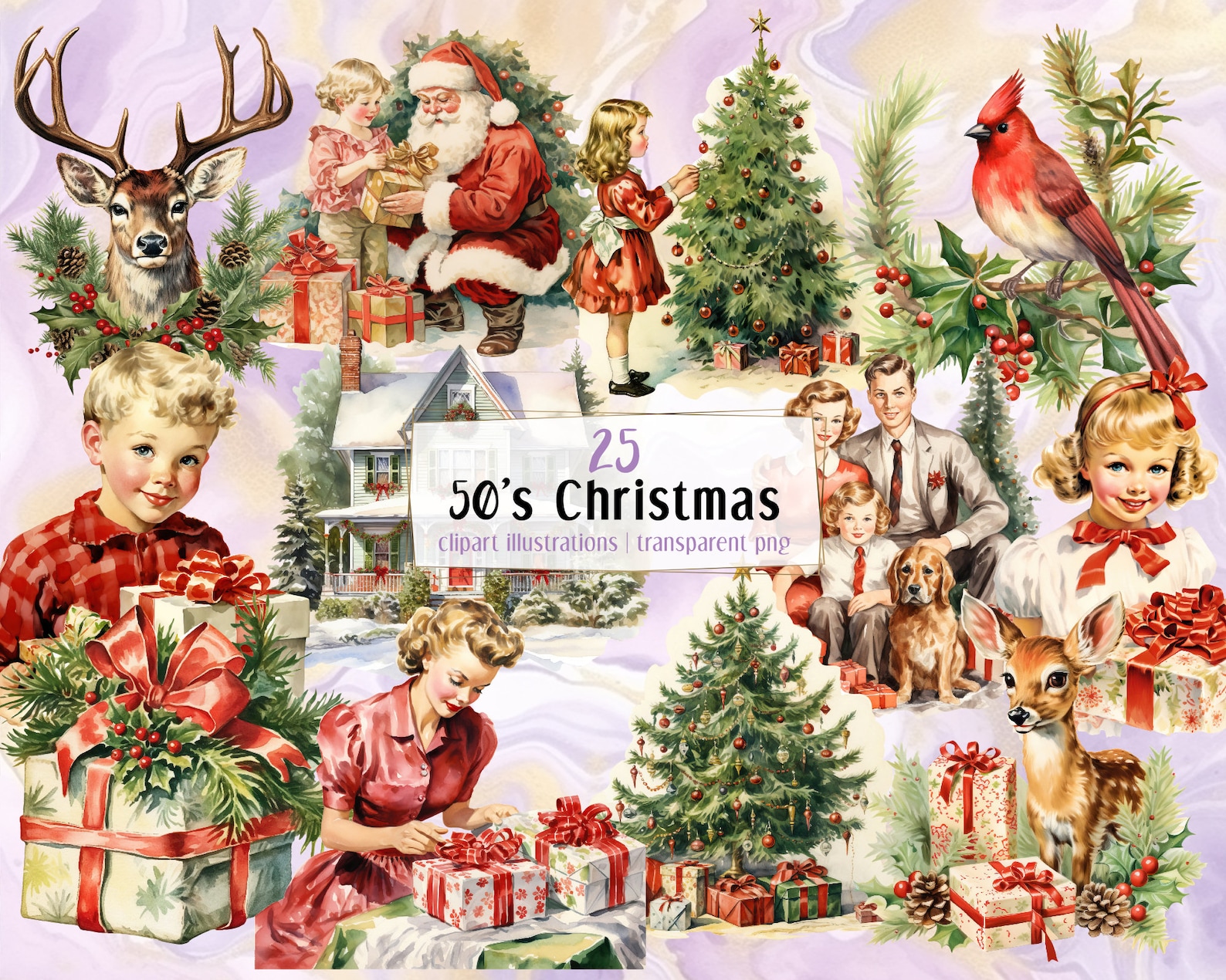 50's Christmas Illustrations. Retro Holiday Postcard Style Images ...