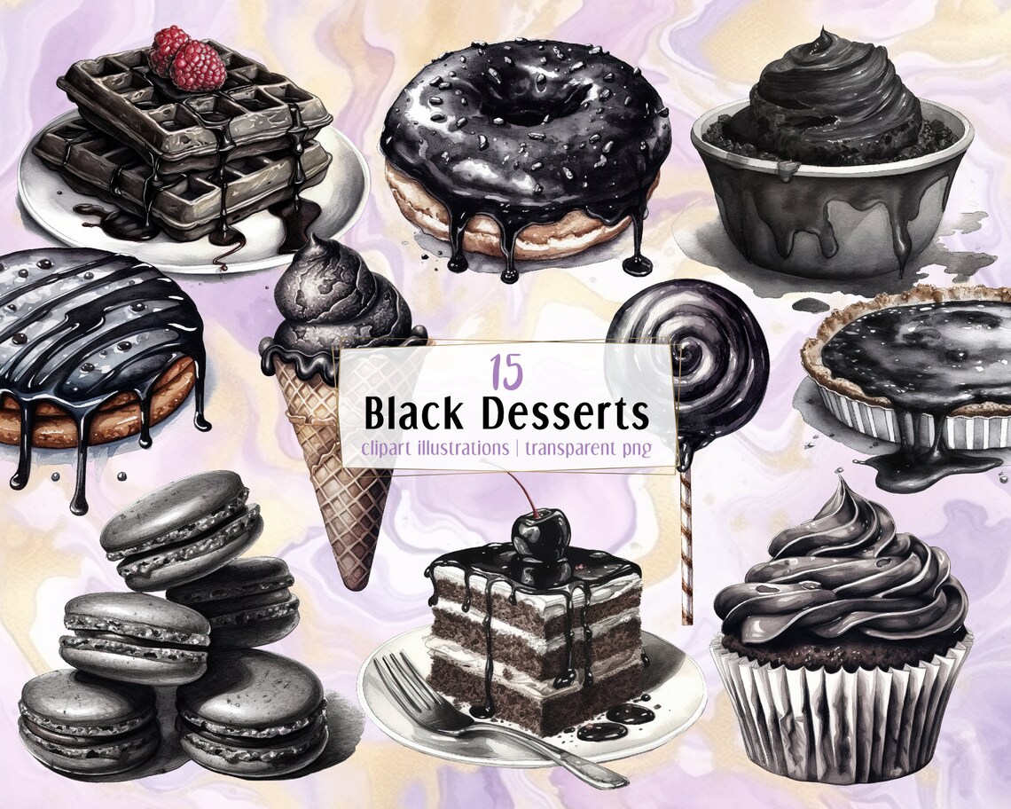 Black Colored Desserts. Watercolor Style Illustrations. Charcoal ...