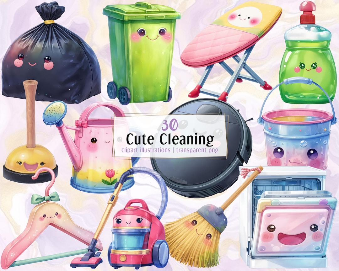 Cute Cleaning | PNG Clip Art Cartoon Illustrations. Kawaii Home ...