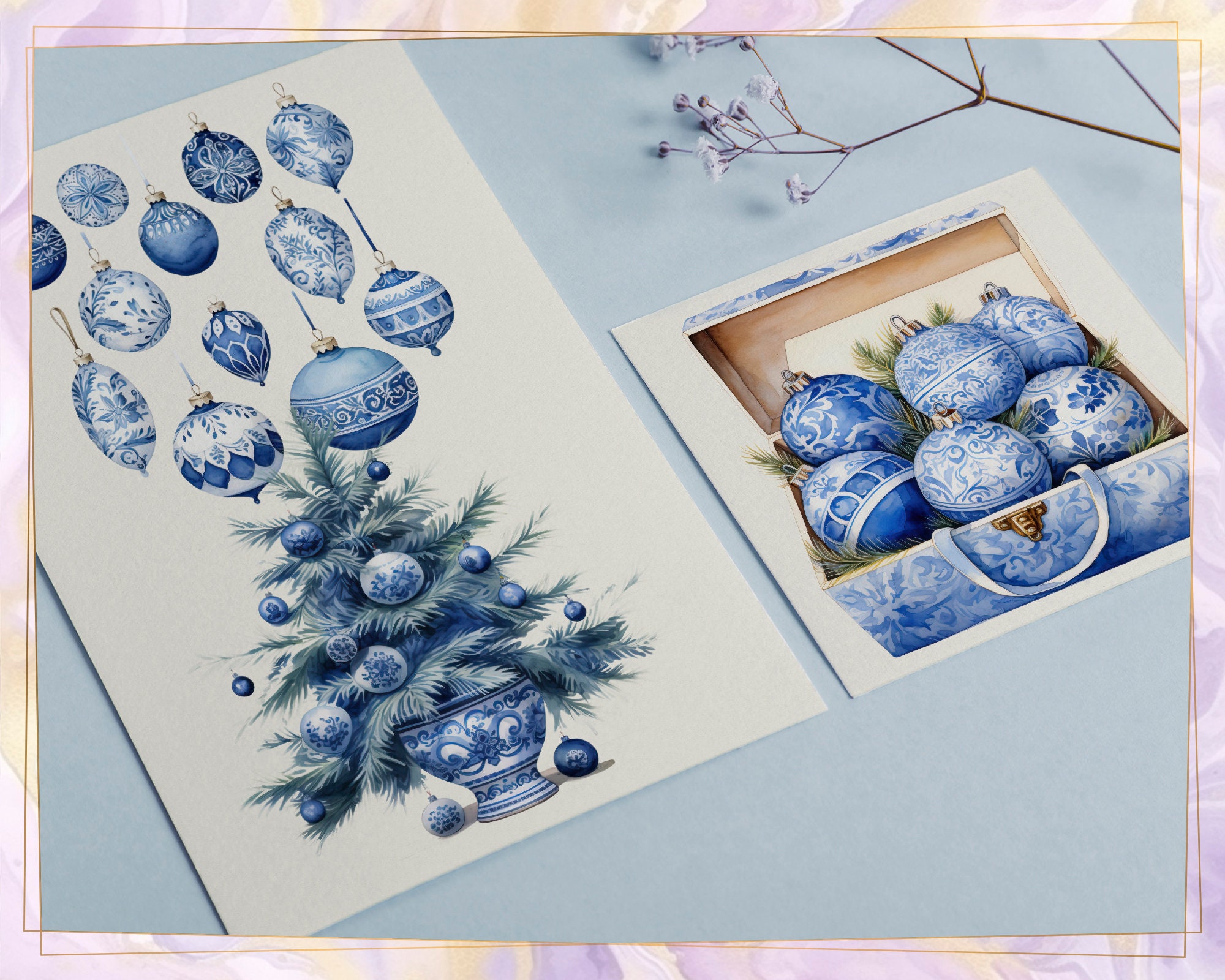 Blue China Christmas Ornaments. Watercolor Style Illustrations. Festive ...