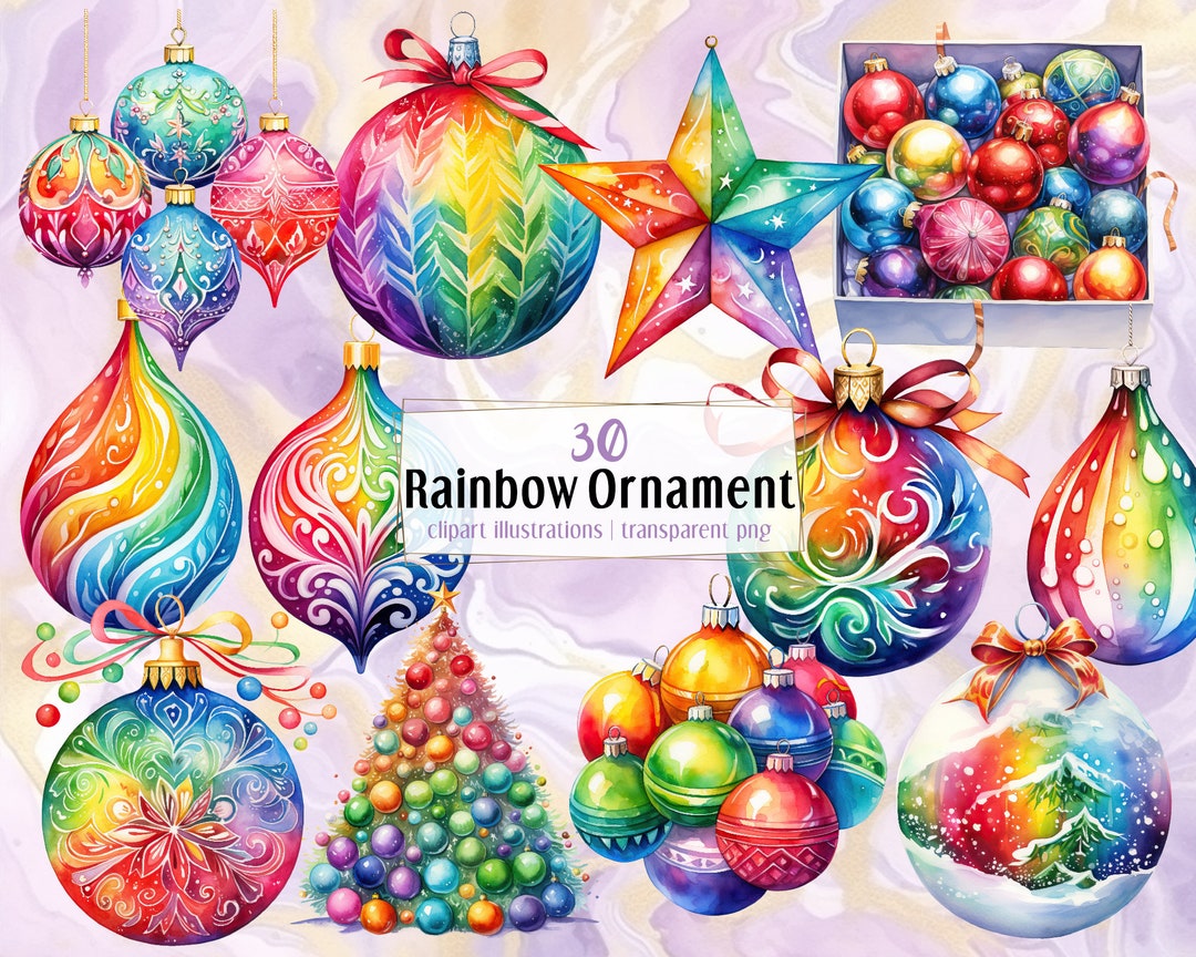 Rainbow Christmas Ornaments. Watercolor Style Illustrations. Vivid ...