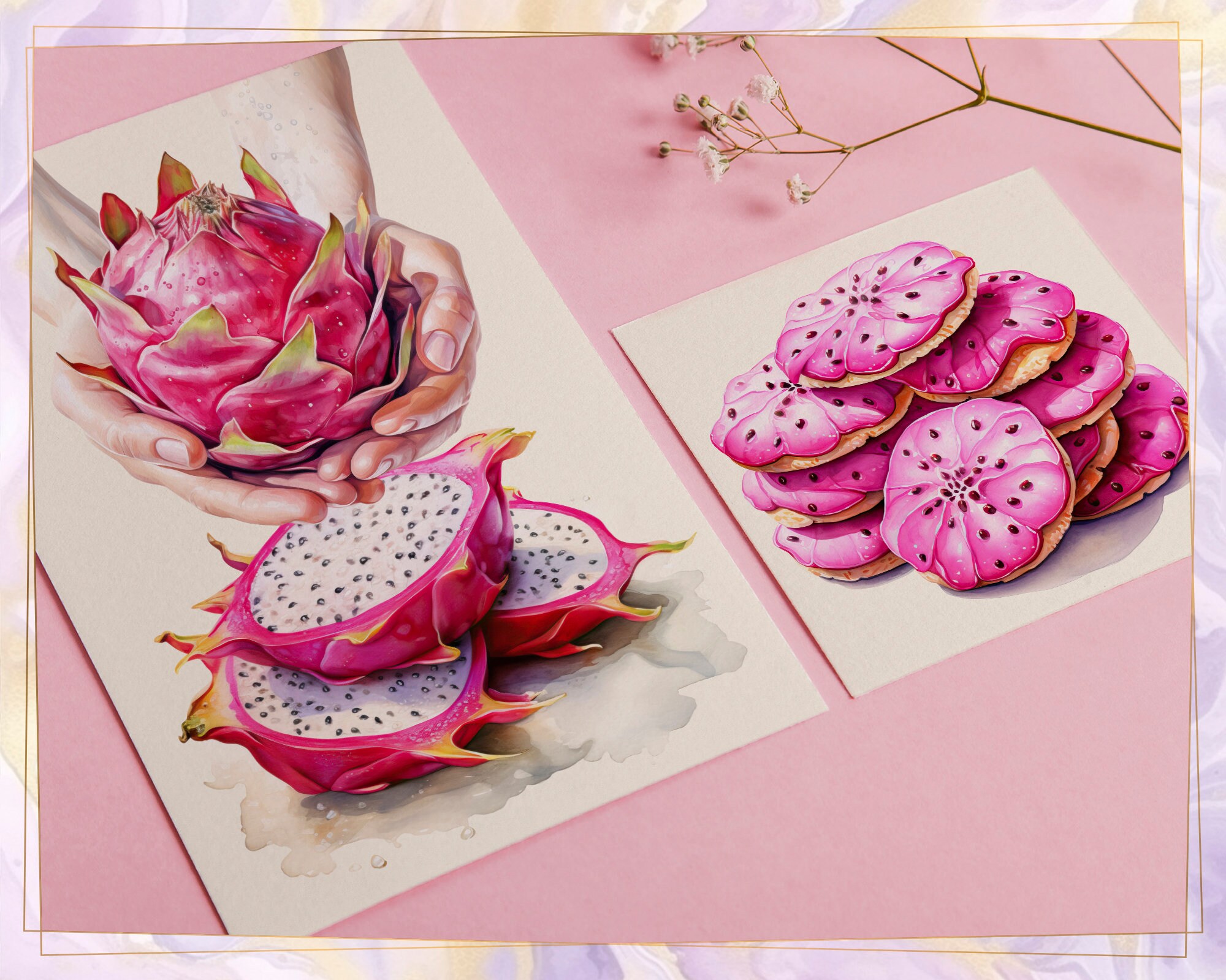 Pitaya Dessert. Watercolor Style Illustrations. Exotic Tropical Dragon ...