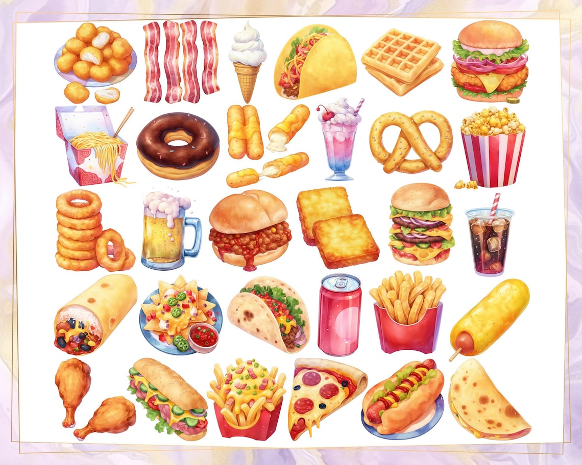 Cartoon Fast Food | PNG Clip Art Illustrations. Burgers, Fries, Hot ...