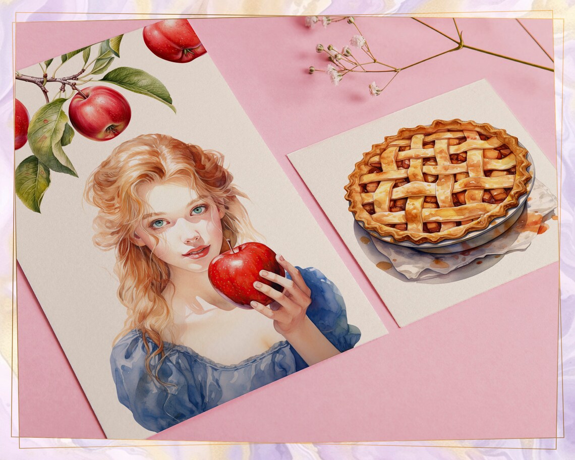 Apple Desserts. Watercolor Style Illustrations. Red Apples, Pastry ...