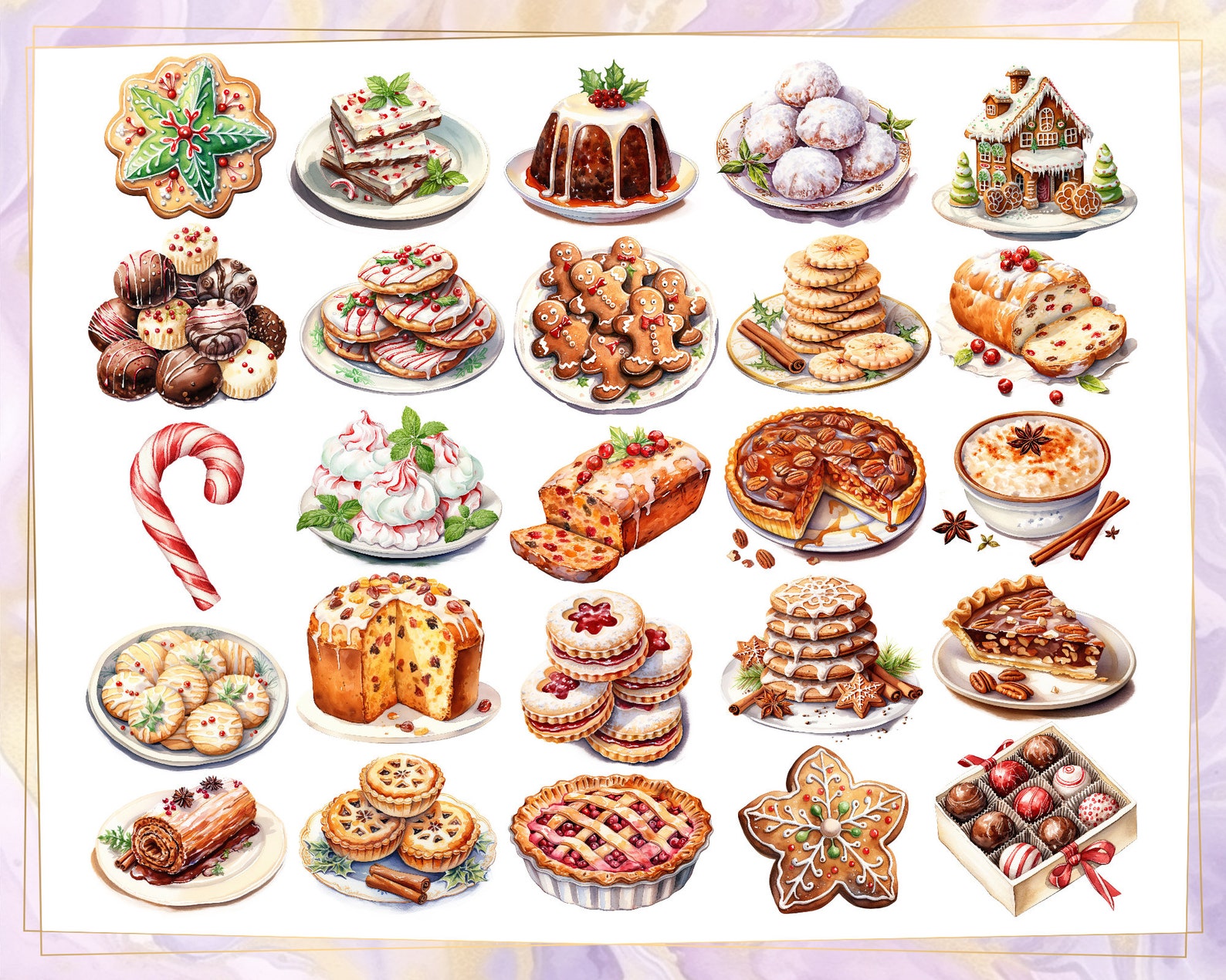 Christmas Dessert. Watercolor Style Illustrations. Traditional Festive ...