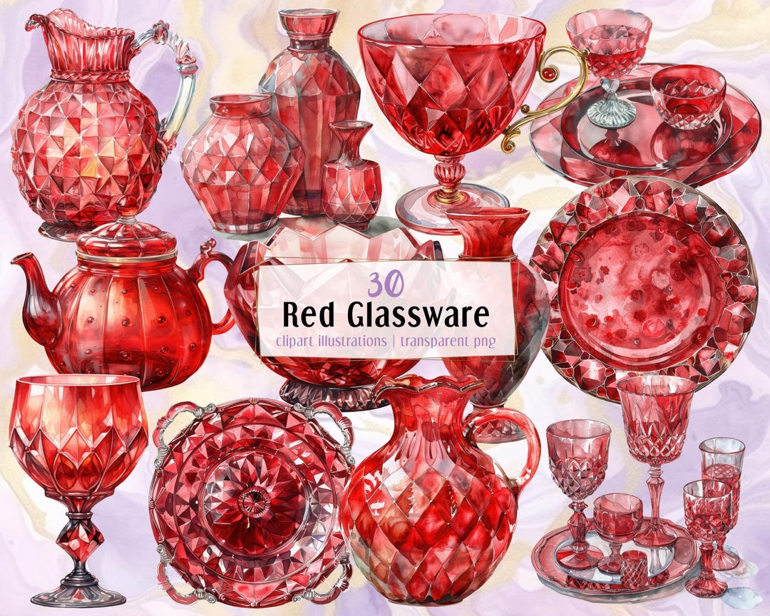 Red Glassware Illustrations. Elegant Ruby Colored Crystal Dishware ...
