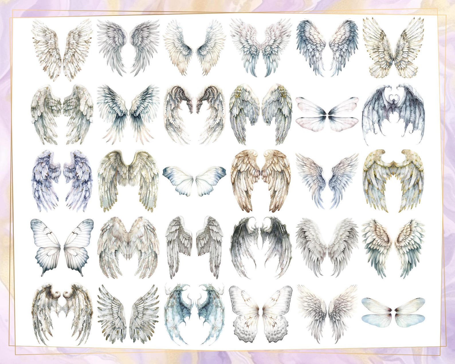 White Wings Illustrations. Bright Imaginary Fantasy Wings, Feather ...