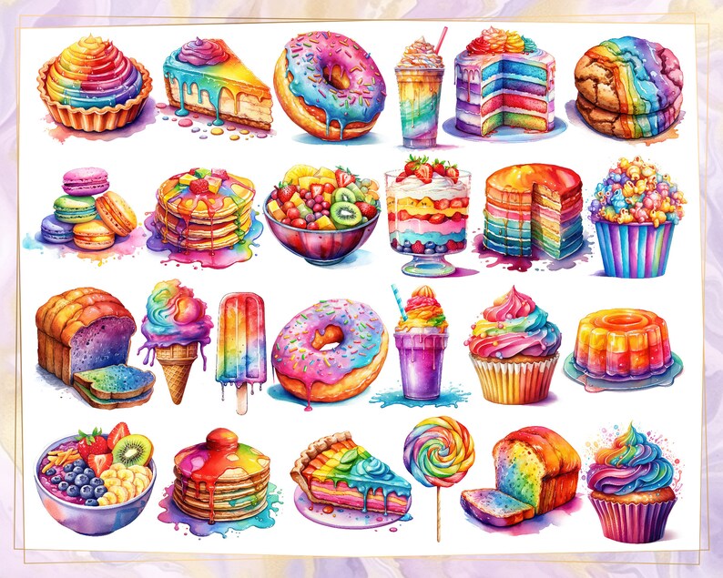 Rainbow Colored Desserts. Watercolor Style Illustrations. Colorful ...