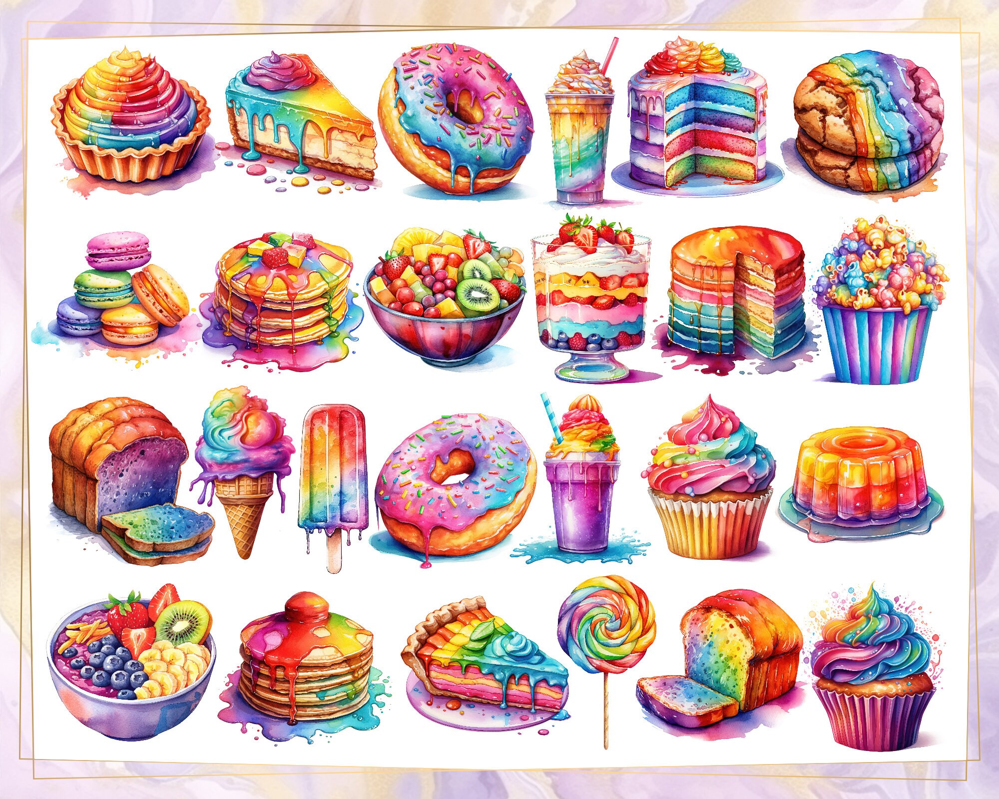 Rainbow Colored Desserts. Watercolor Style Illustrations. Colorful ...