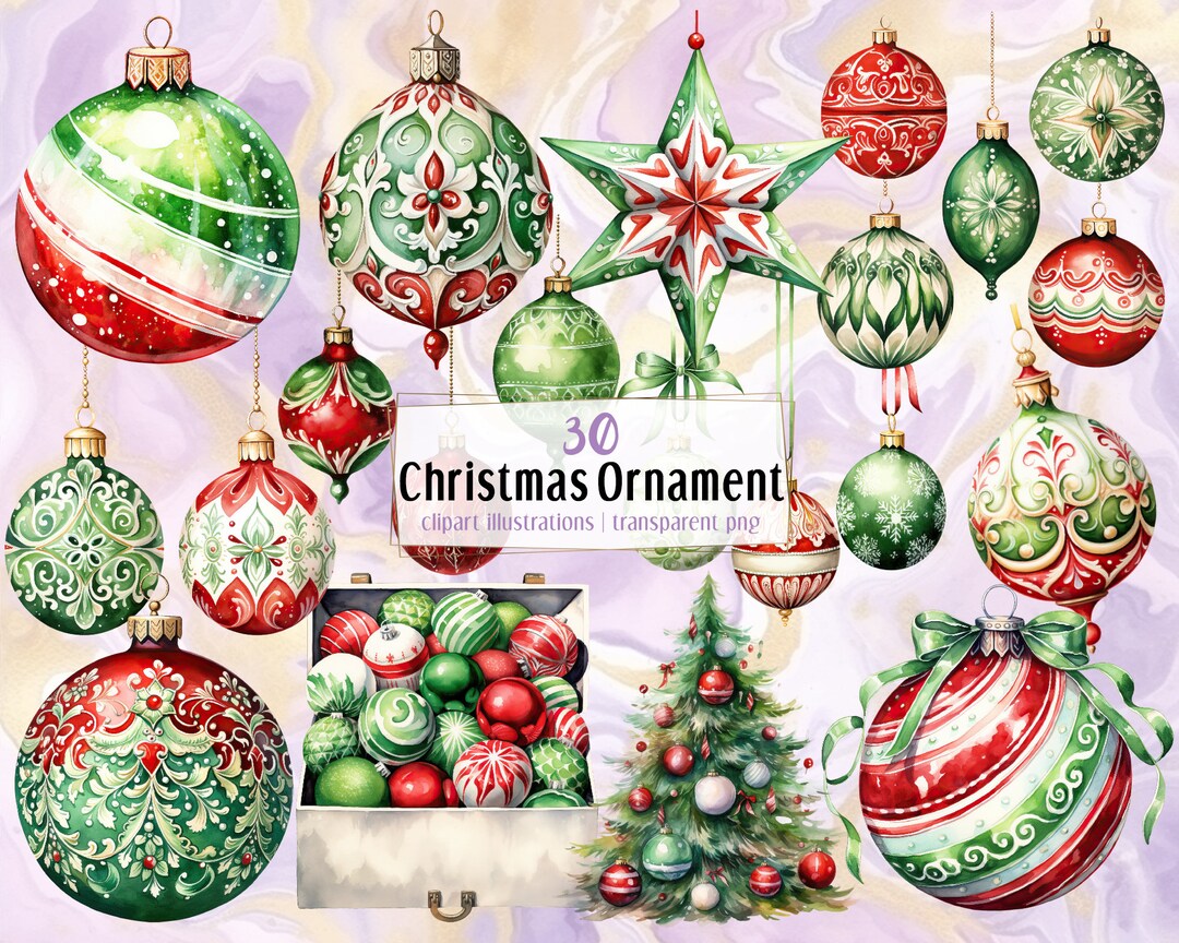 Red Green & White Christmas Ornaments Illustrations. Festive Decorated ...