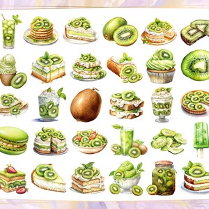 Kiwi Fruit Desserts. Watercolor Style Illustrations. Green Fruity ...