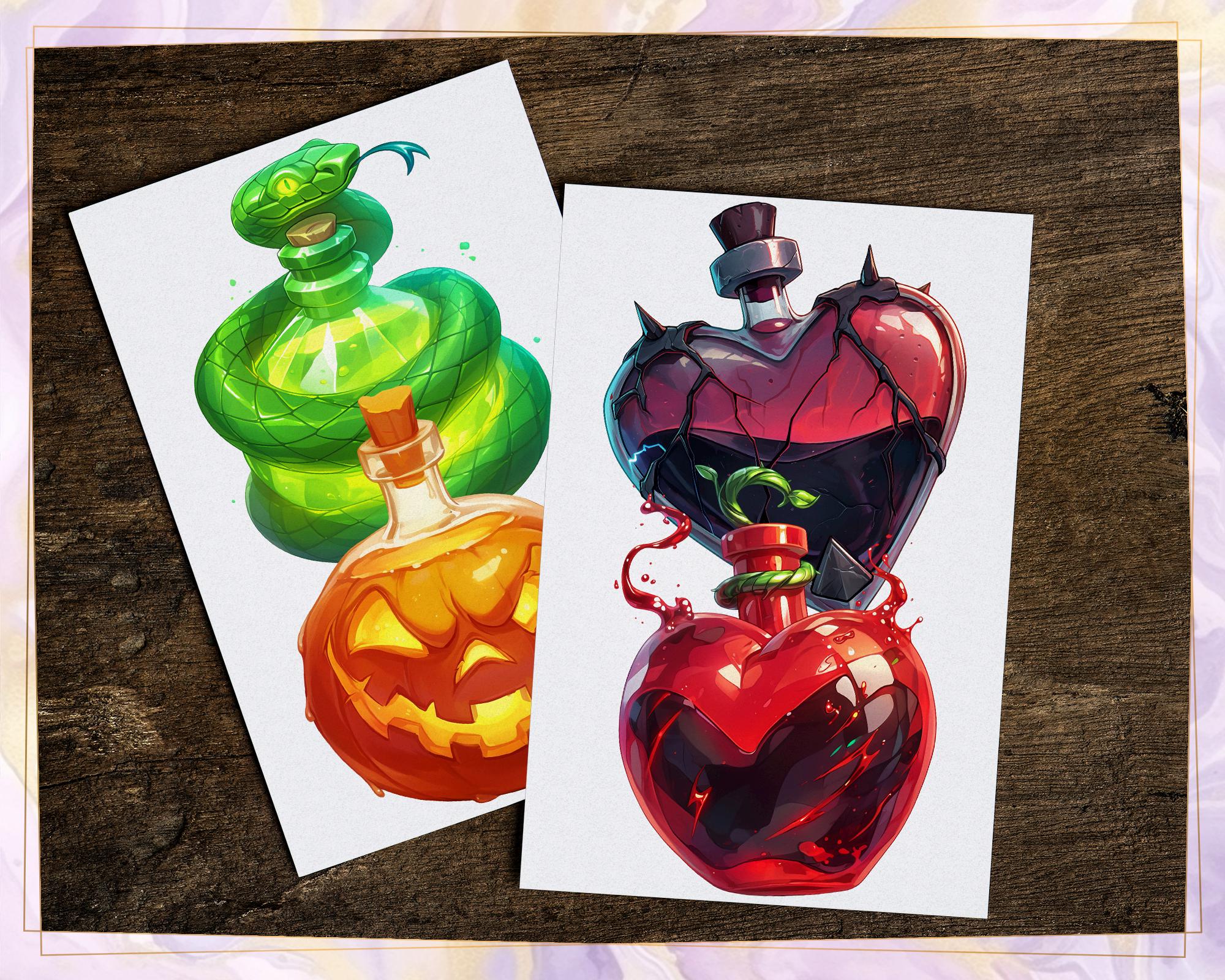 Cartoon Spooky Potions, Digital Illustrations. Colorful Horror Designs ...