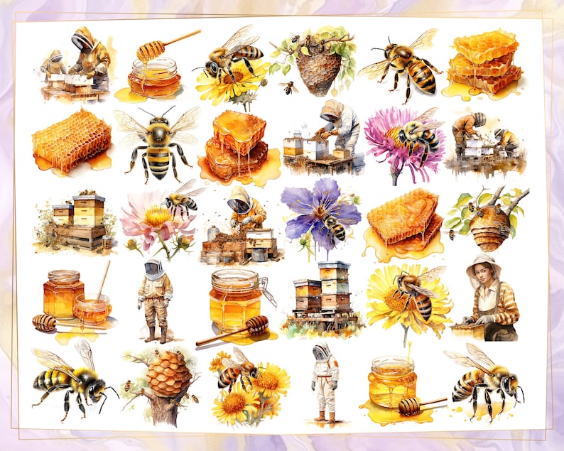 Bees and Honey. Watercolor Style Illustrations. Beekeeping Objects ...