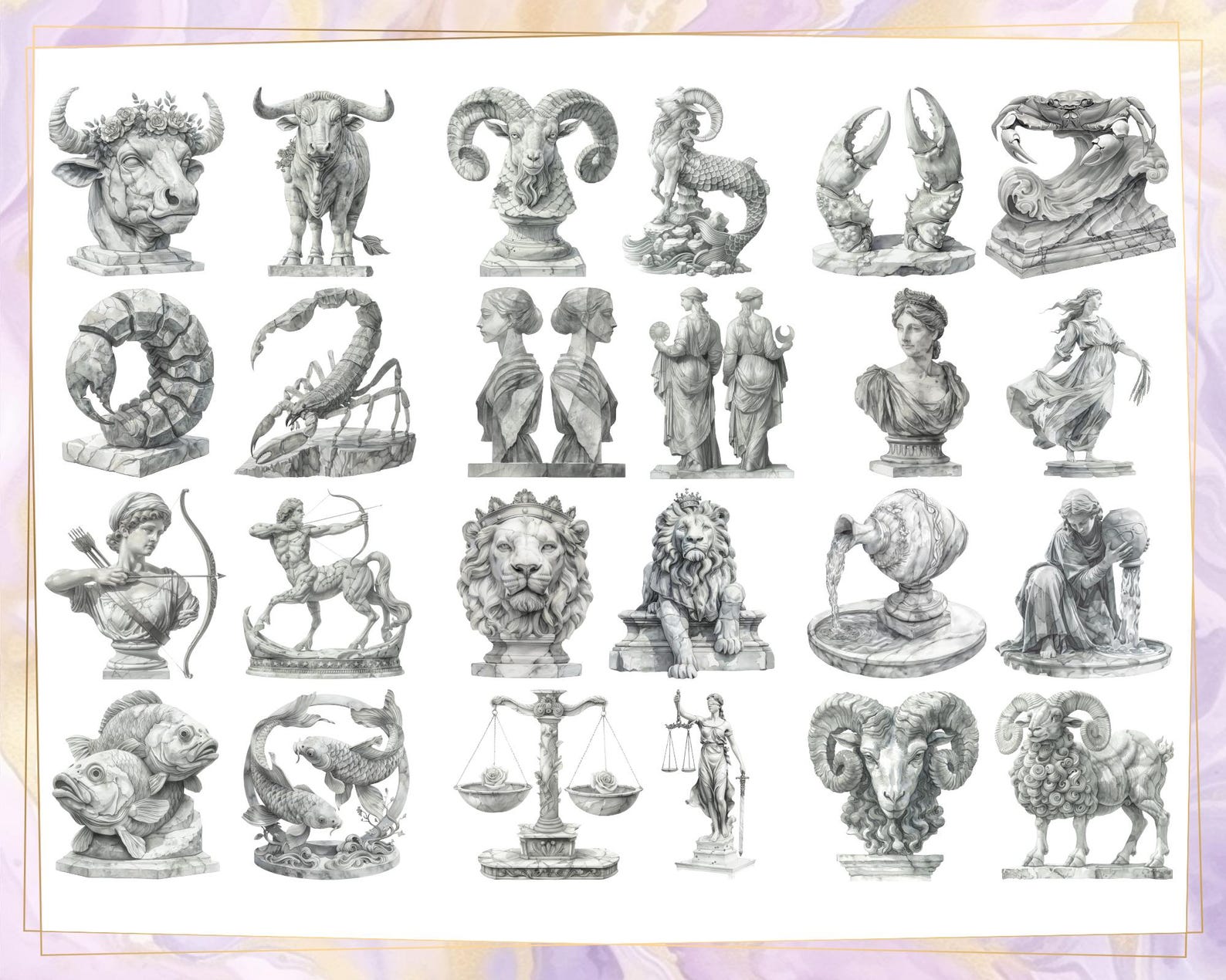 Marble Zodiac Illustrations. Statue & Sculptures of Elements ...