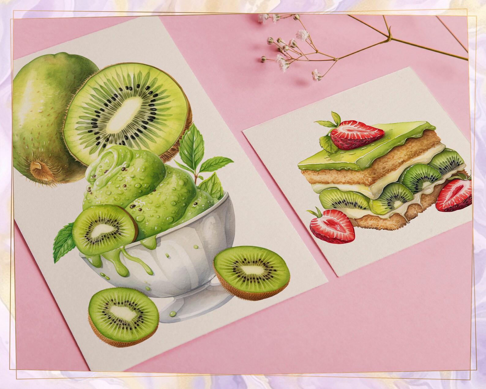 Kiwi Fruit Desserts. Watercolor Style Illustrations. Green Fruity ...