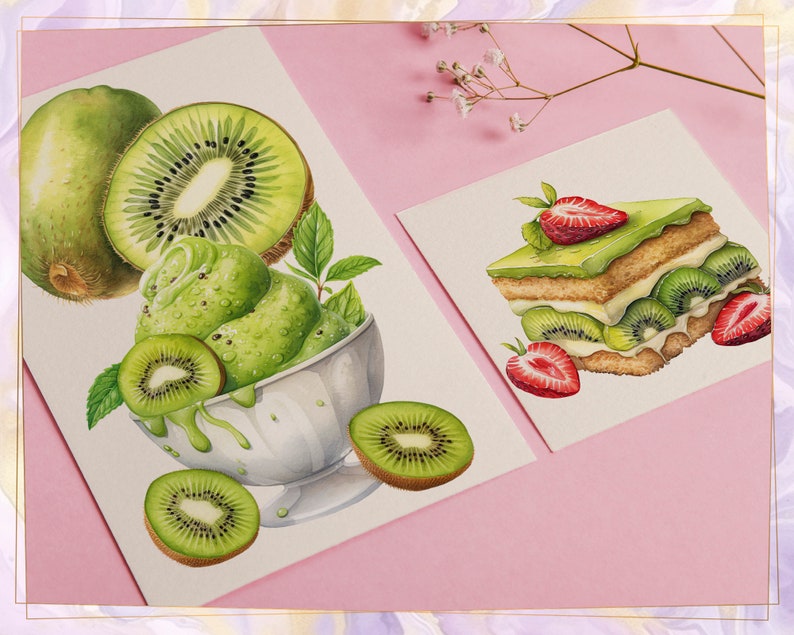 Kiwi Fruit Desserts. Watercolor Style Illustrations. Green Fruity ...