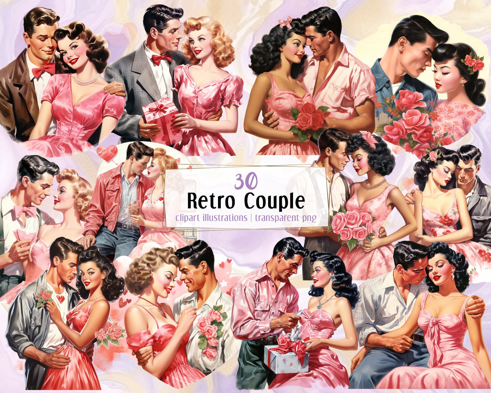 Retro Couple Illustrations. Vintage 40's Valentine's Couples, Romantic ...