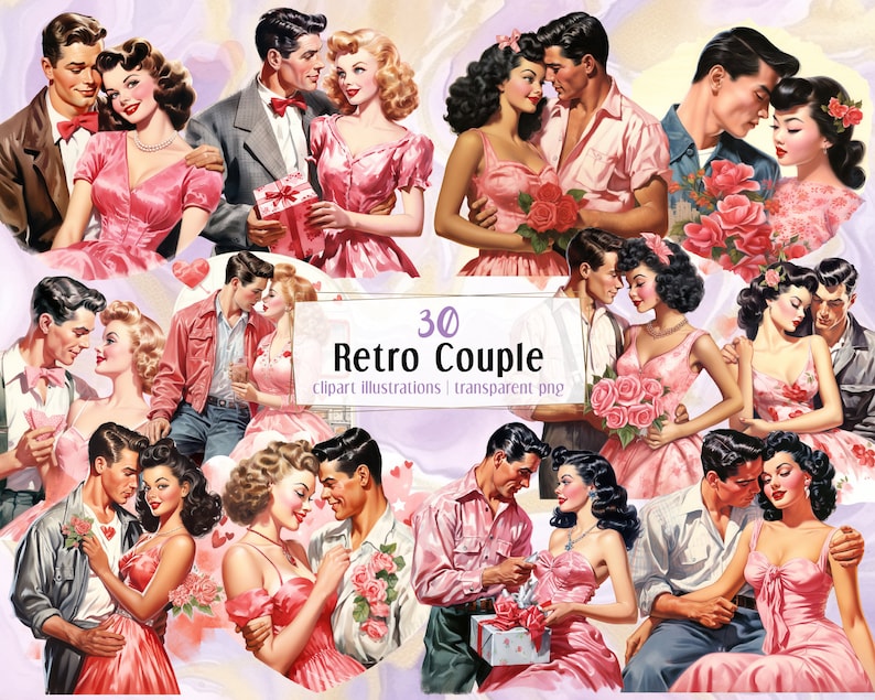 Retro Couple Illustrations. Vintage 40's Valentine's Couples, Romantic ...