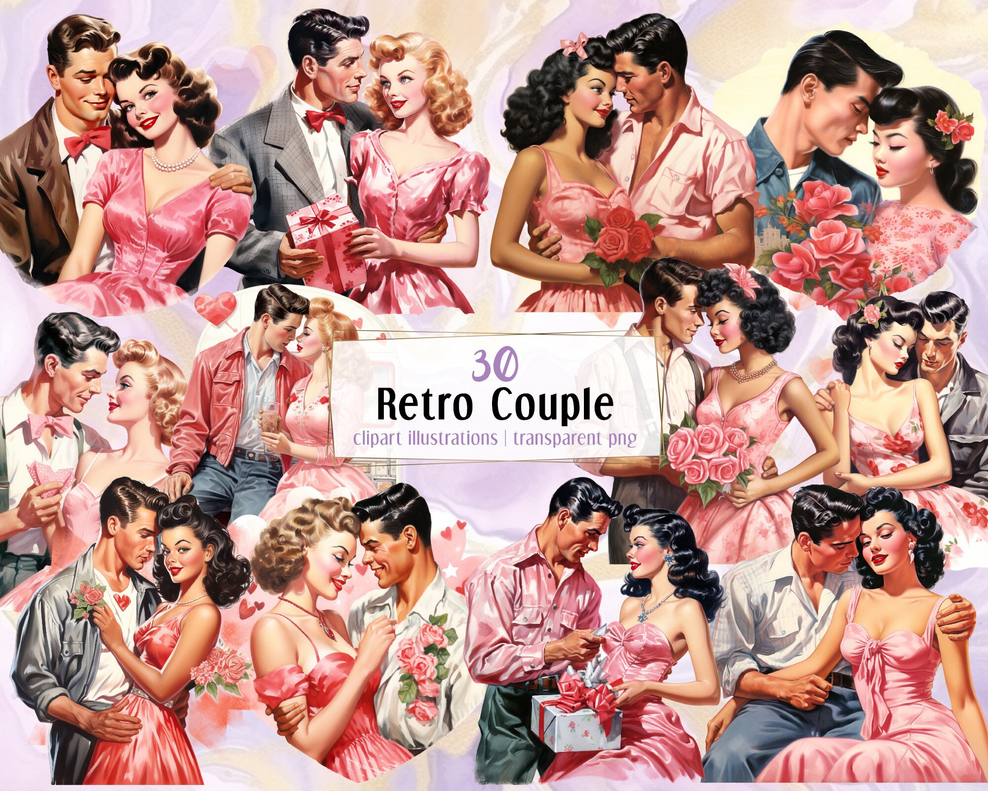 Retro Couple Illustrations. Vintage 40's Valentine's Couples, Romantic ...