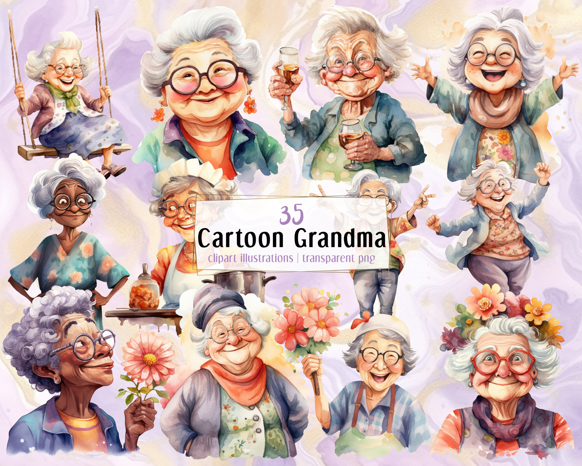 Cute Cartoon Grandma Illustrations. Sweet Happy Smiling Grandmothers ...