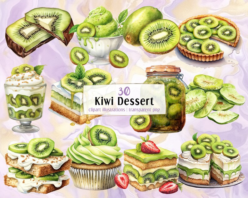 Kiwi Fruit Desserts. Watercolor Style Illustrations. Green Fruity ...