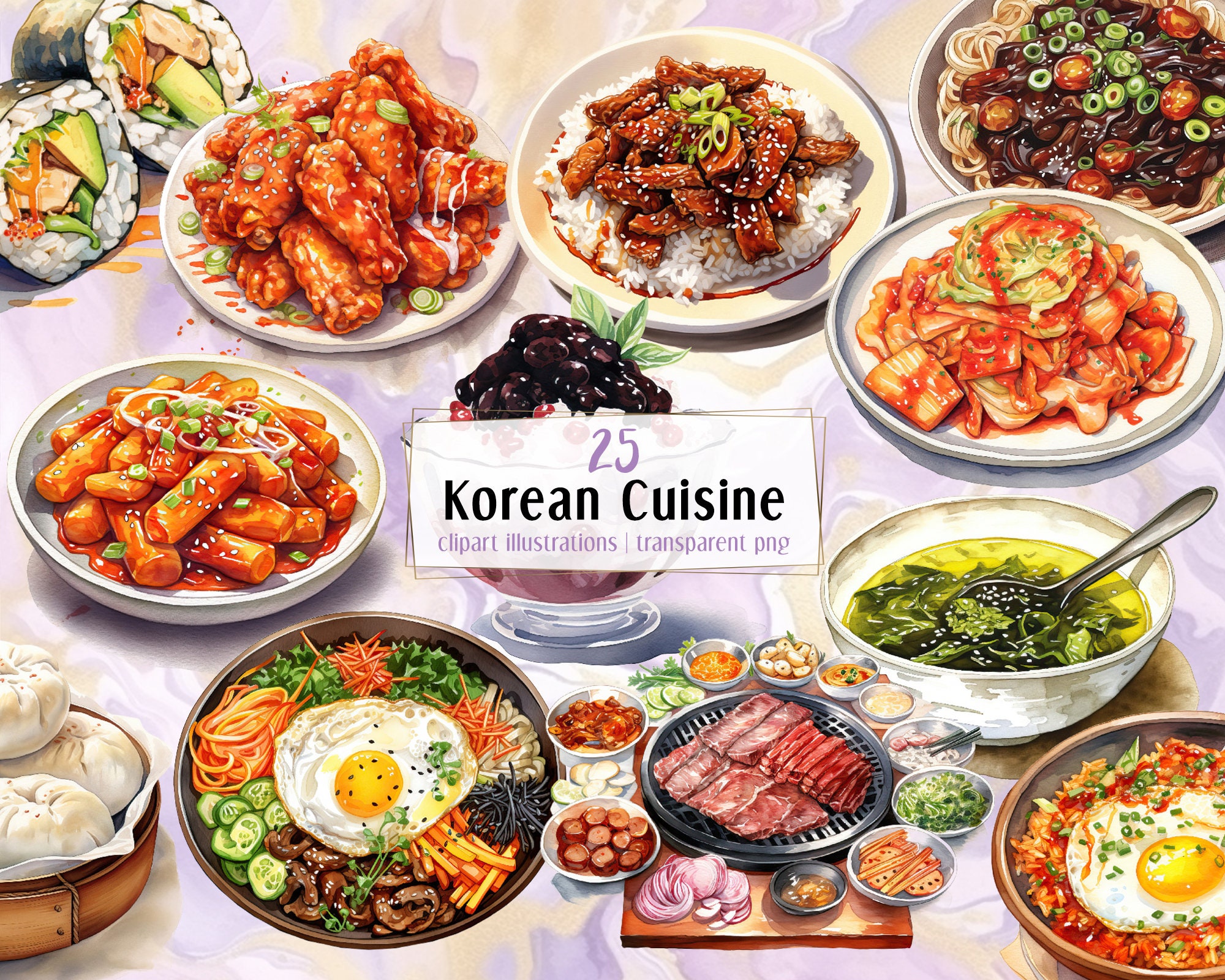 Korean Cuisine, Watercolor Style Illustrations. Delicious Dishes, South ...