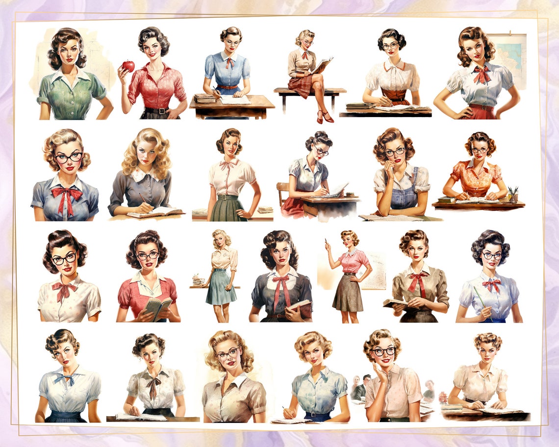 Retro Teacher. Watercolor Style Illustrations. Vintage 40's Female ...