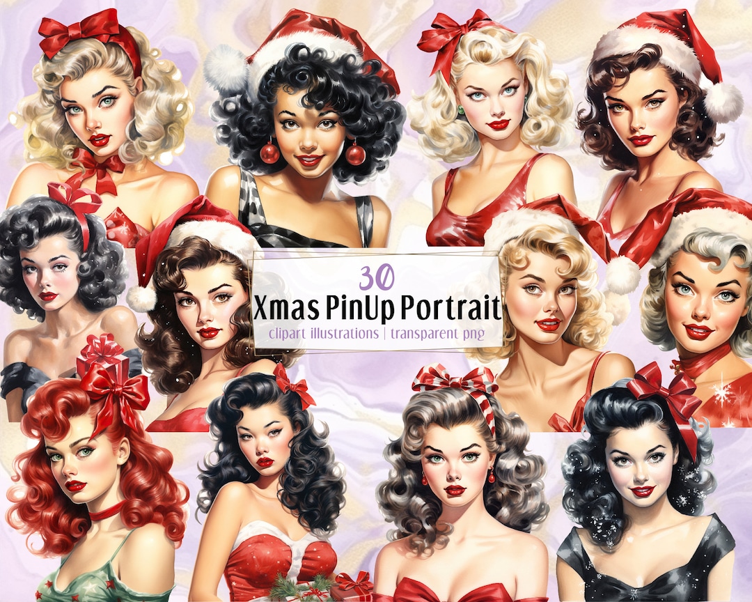 Christmas Pin up Girls Illustrations. Vintage 40's Females Wearing Red ...