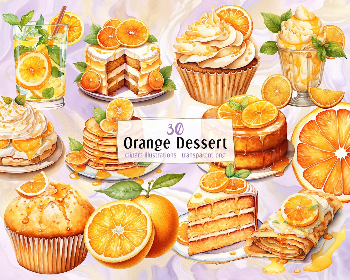 Orange Fruit Desserts. Watercolor Style Illustrations. Oranges, Citrus ...