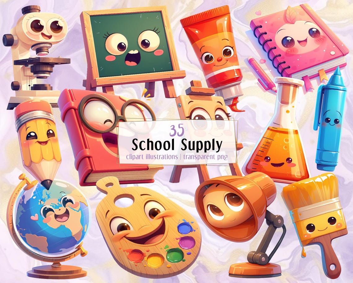 Cartoon School Supply Illustrations. Cute Funny Adorable Educational ...