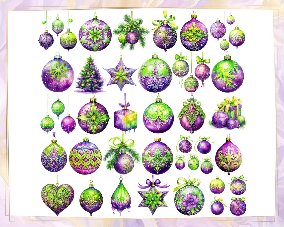 Purple & Neon Green Christmas Ornaments Illustrations. Festive ...