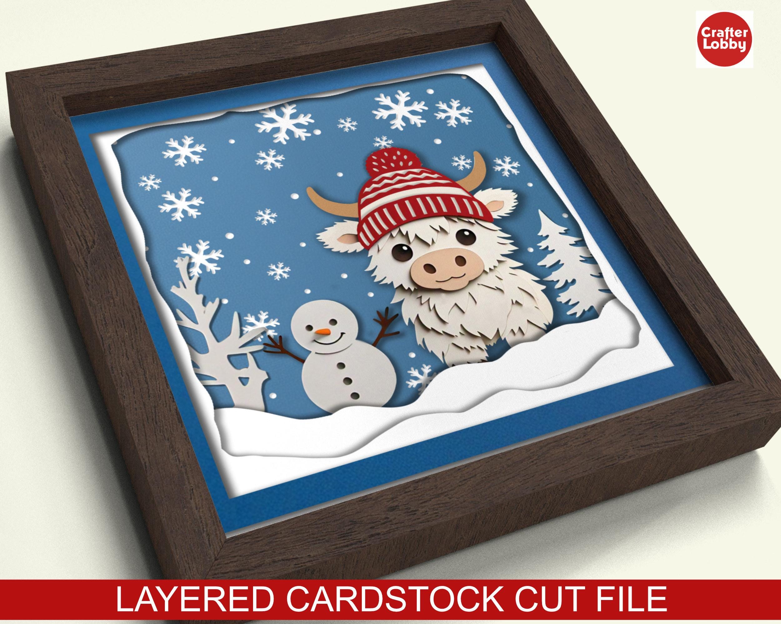 Snowman Highland Cow Shadow Box SVG: Christmas Papercut File - Etsy