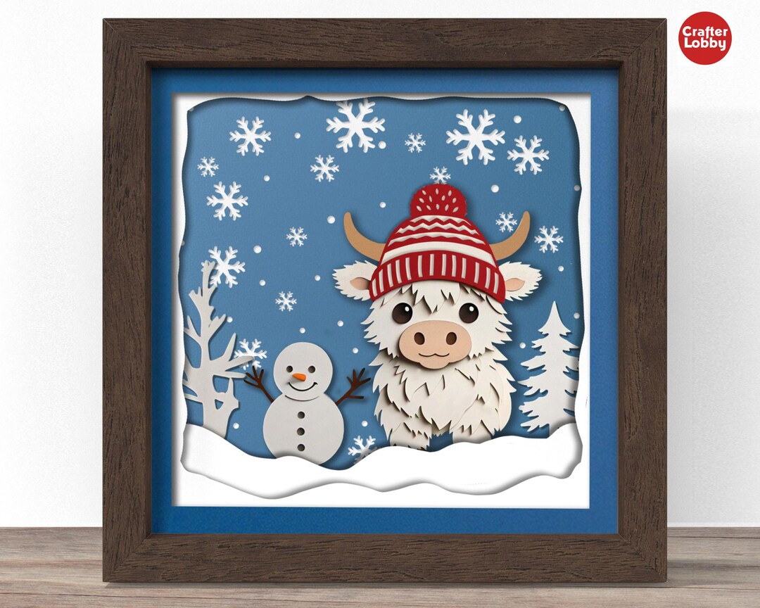 Snowman Highland Cow Shadow Box SVG: Christmas Papercut File - Etsy Canada