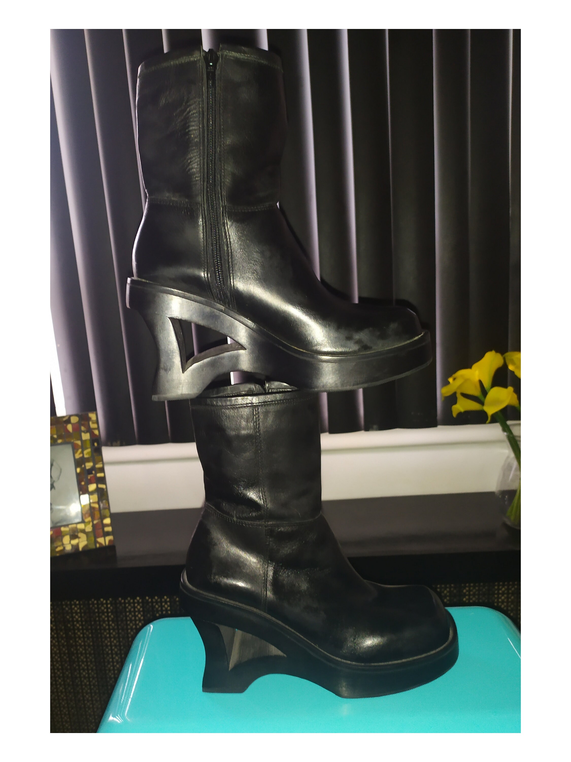 90s Vintage TWO LIPS LEATHER Platform Wedge Boots With Cutout Heel ...