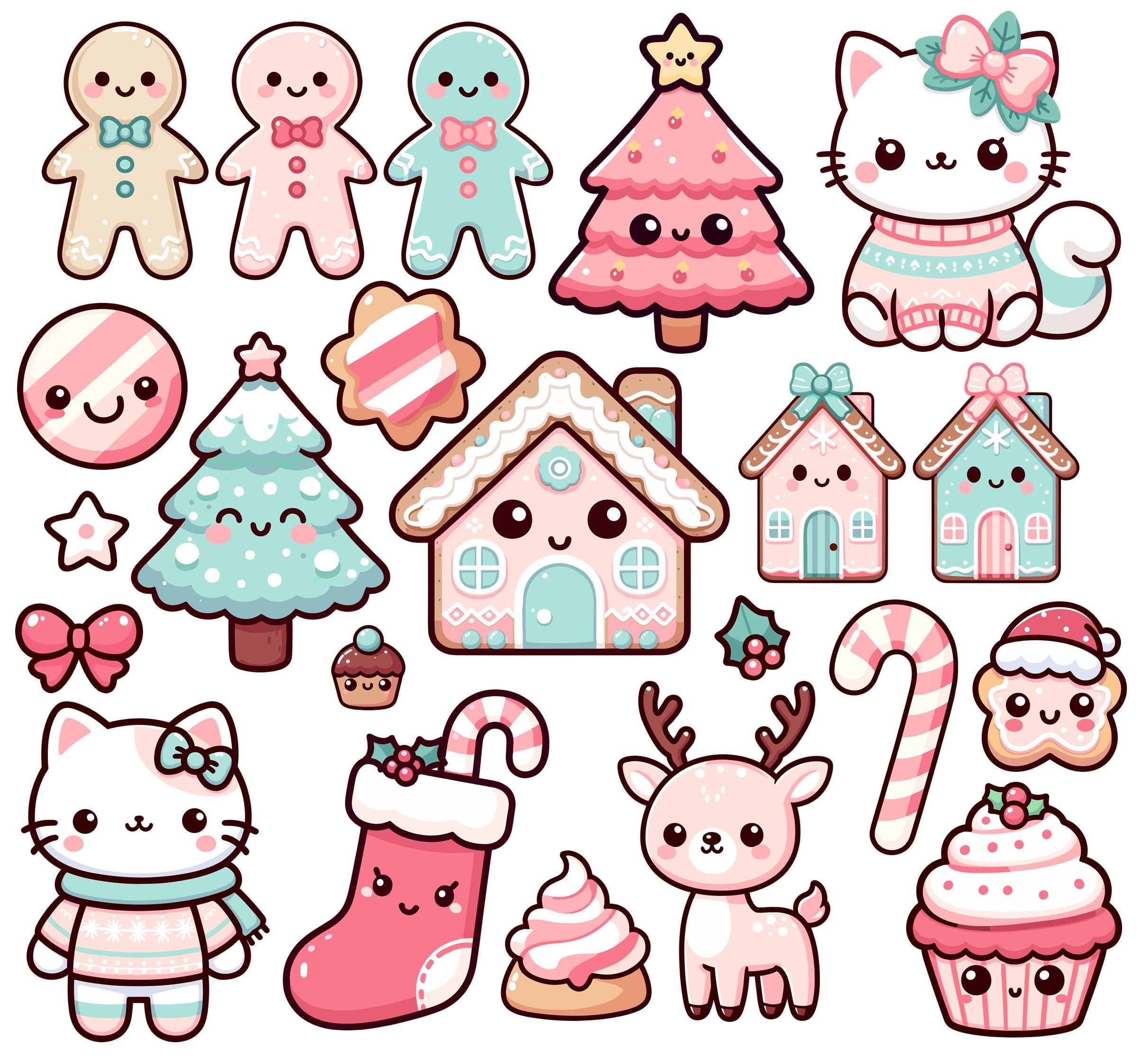 Kawaii Pink and Mint Christmas PNG Bundle - Etsy