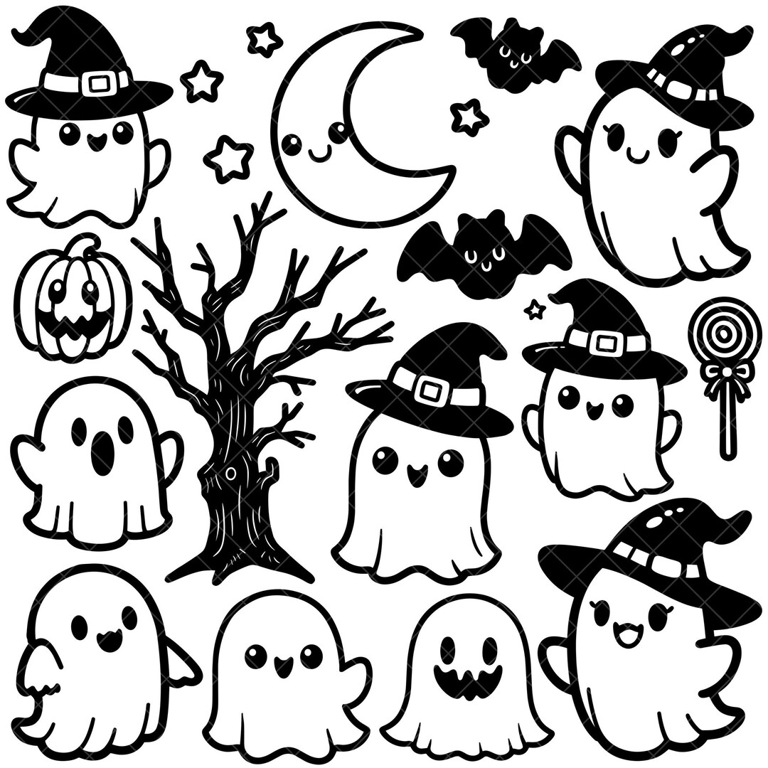 Kawaii BLACK & WHITE Ghosts PNG Bundle - Etsy