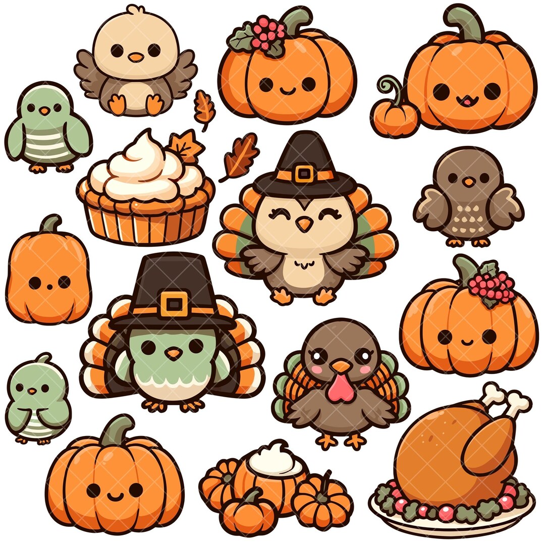 Kawaii Thanksgiving Green PNG Bundle - Etsy