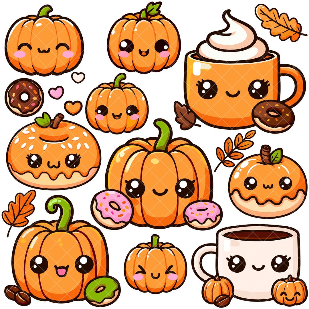 Kawaii Pumpkin Coffee and Donuts PNG Bundle - Etsy