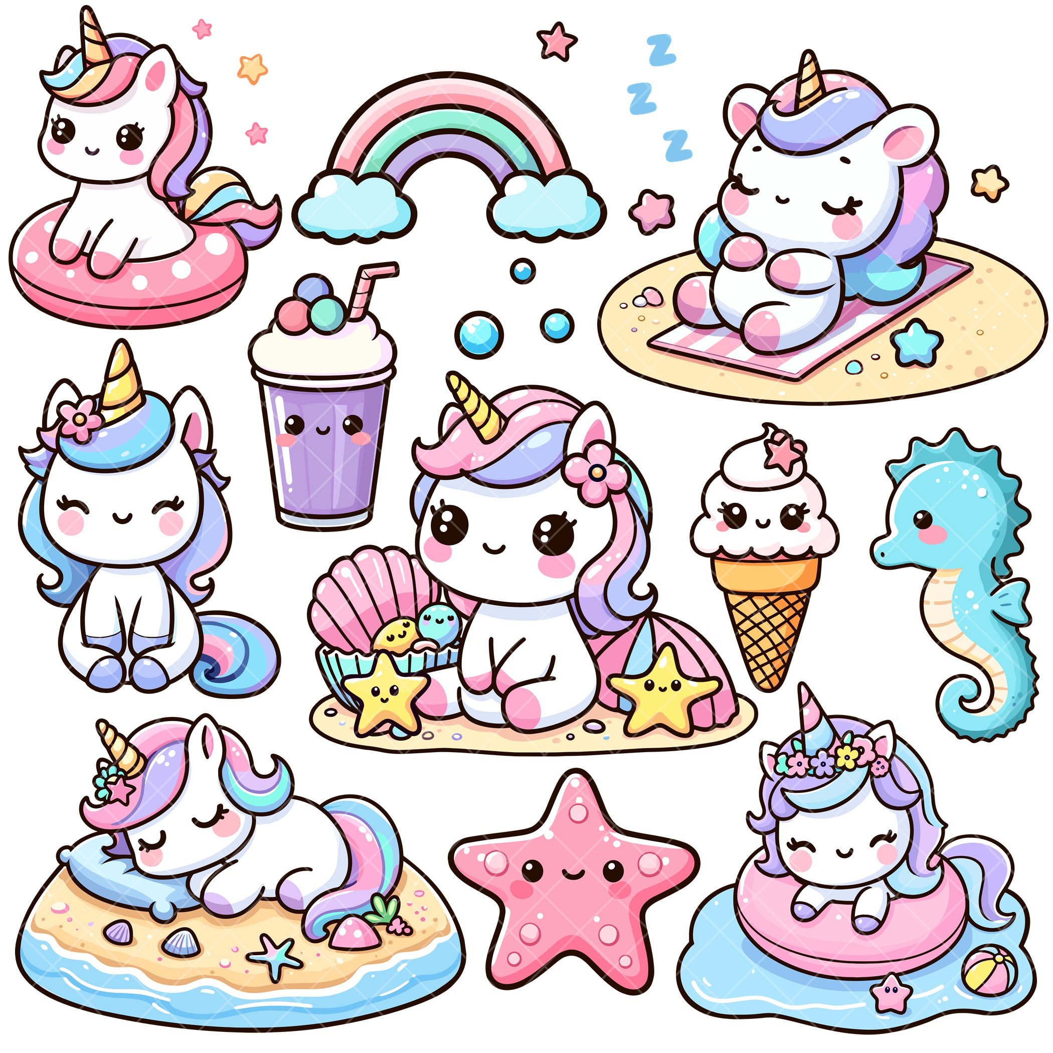Kawaii Baby Unicorn Summer PNG Bundle - Etsy