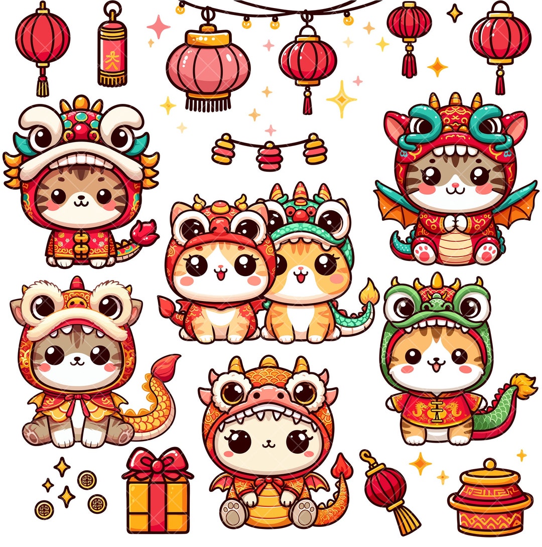 Kawaii Dragon Year Cats PNG Bundle - Etsy