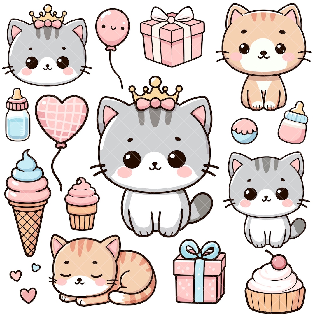 Kawaii Baby Girl Cat PNG Bundle - Etsy