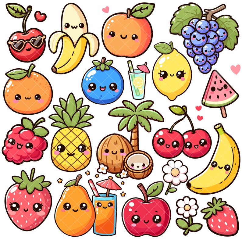 Pacote de PNG de frutas fofas Kawaii - Etsy Portugal