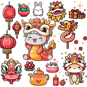 2024 Cute Dragon Clipart, Chinese New Year Watercolor Clipart, Lion ...