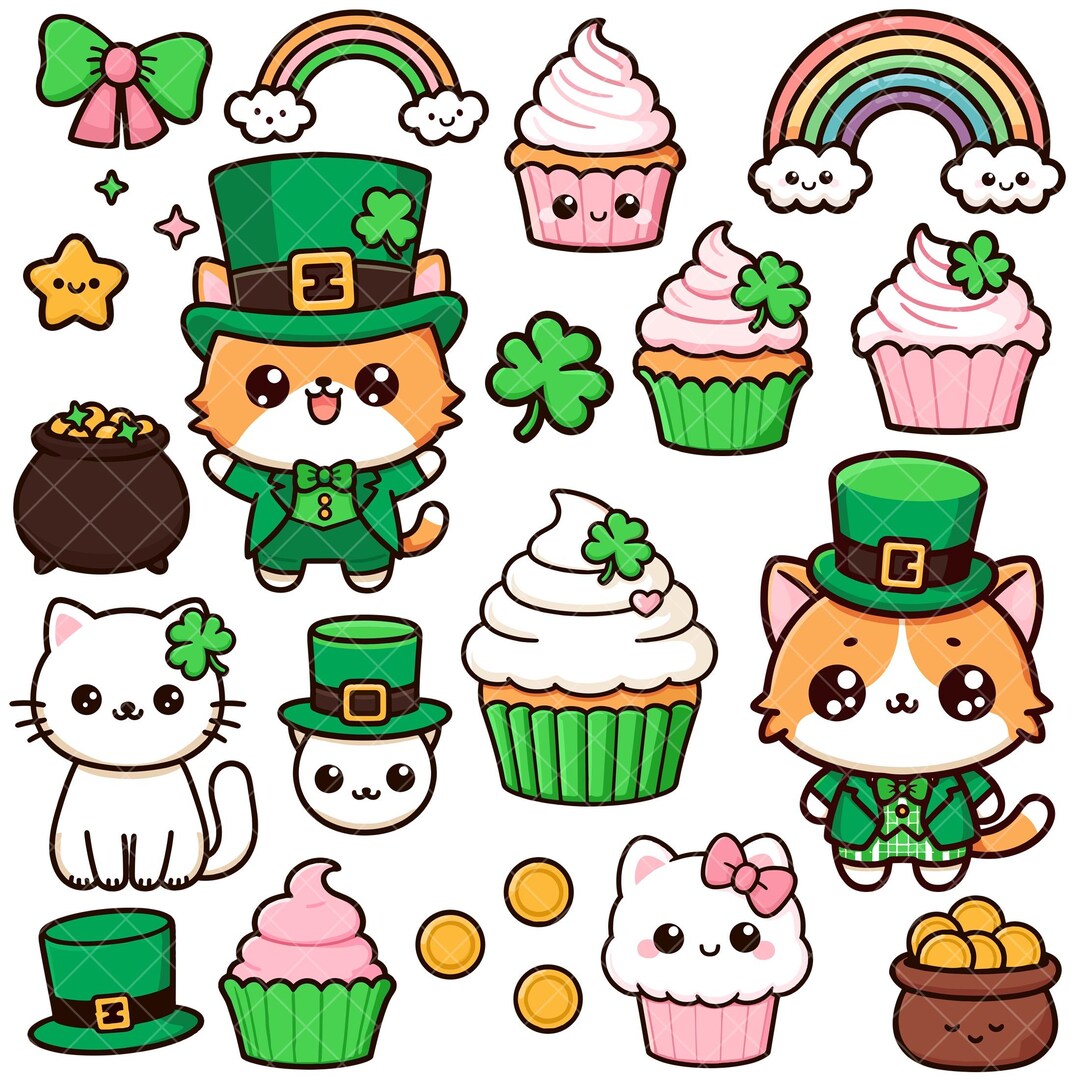 Kawaii St Patricks Cat Party PNG Bundle - Etsy
