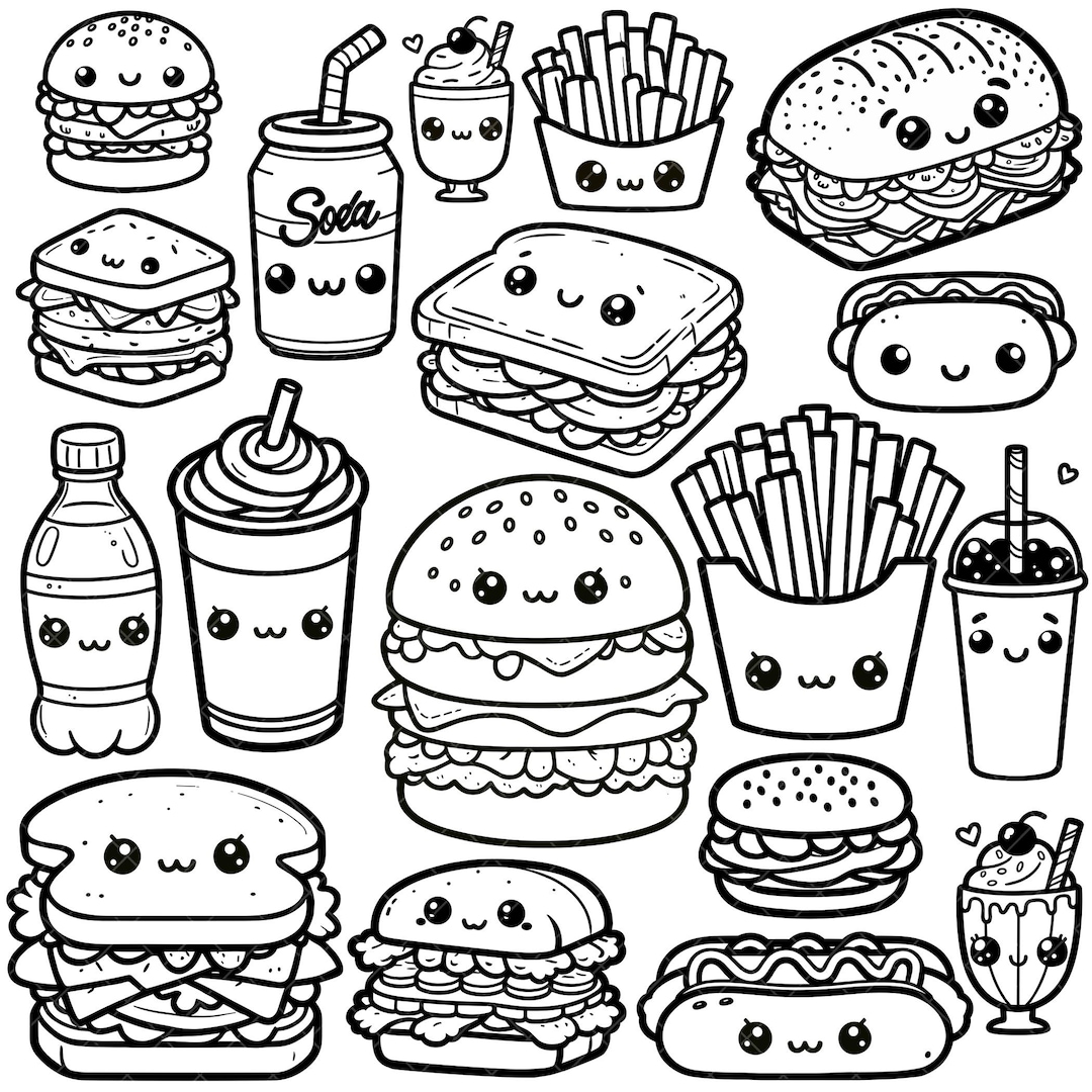 Kawaii BLACK/WHITE Fast Food PNG Bundle - Etsy