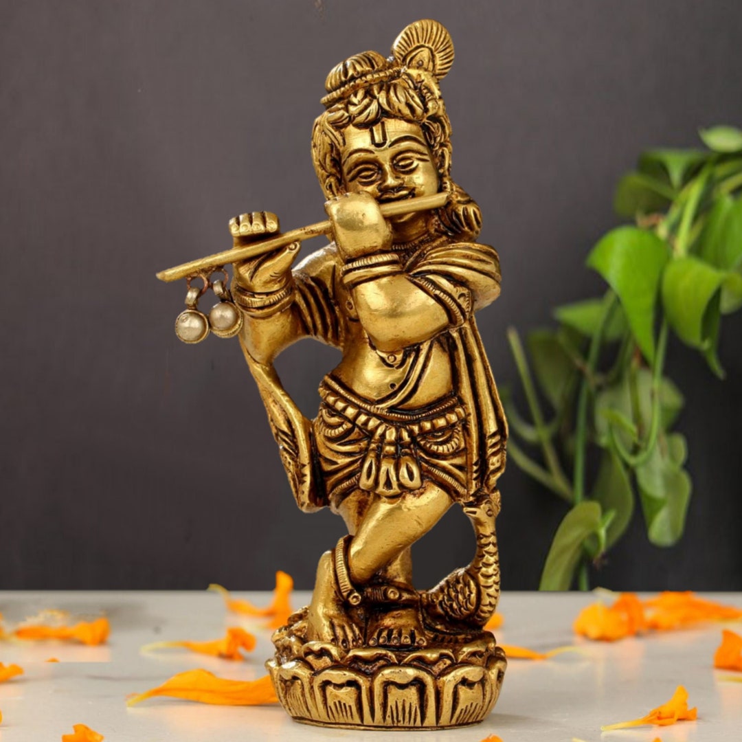 Krishna Statue, 13CM Brass Baby Krishna Idol, Flute Krishna, God of ...