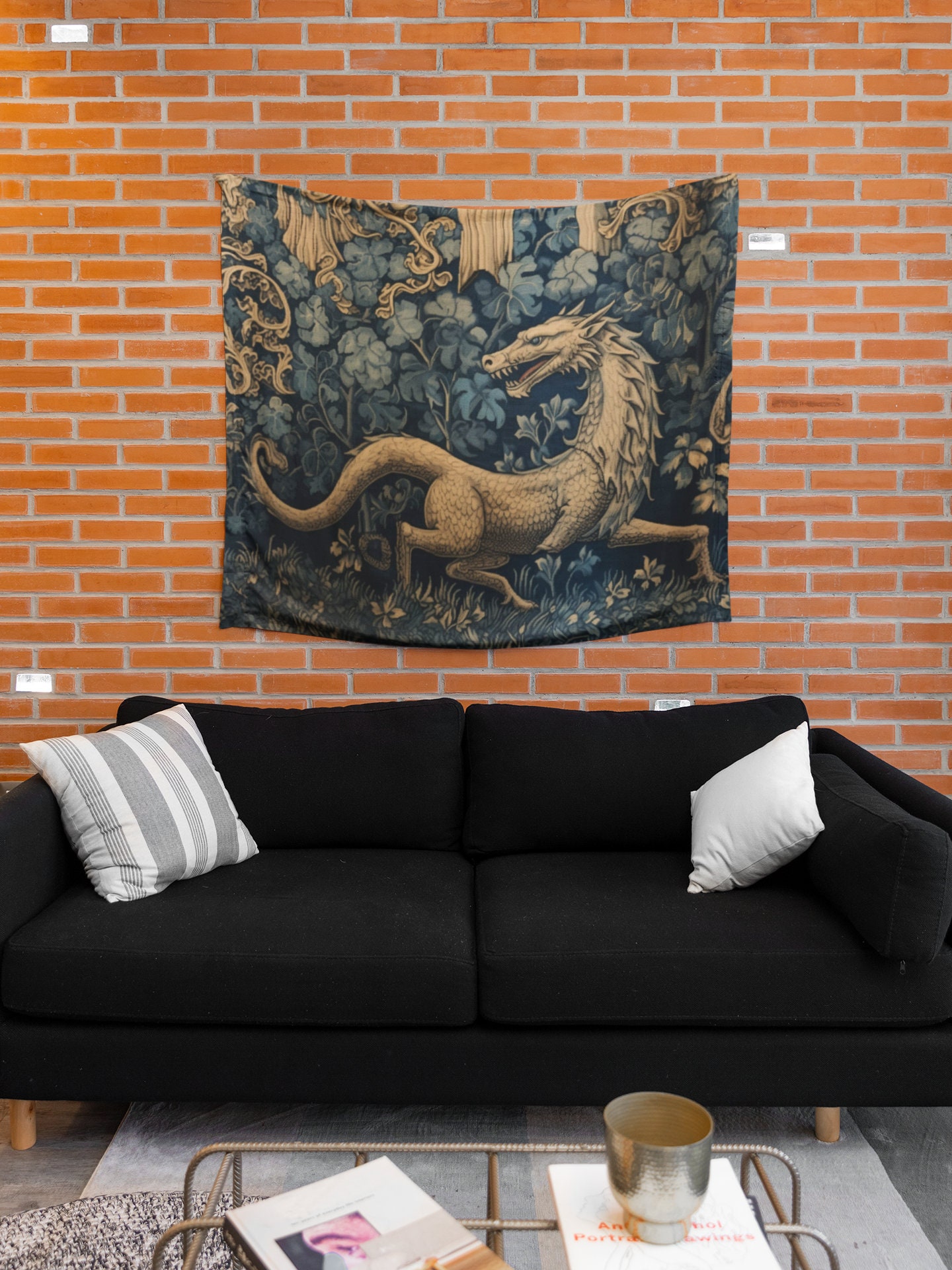 Medieval Manuscript Vintage Tapestry Wall Hanging, European Dragon ...
