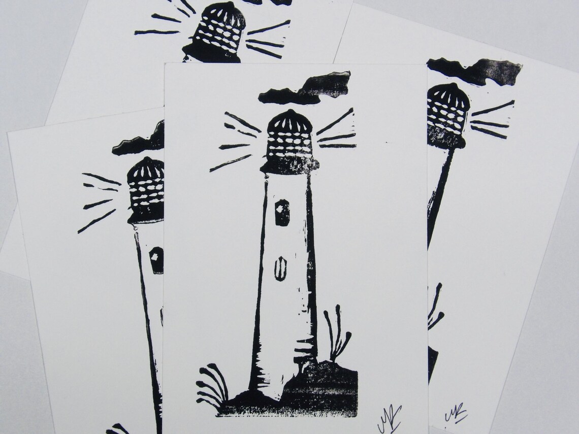 Lighthouse - Linocut Art, Lighthouse, Beach House Art, Relief Print ...
