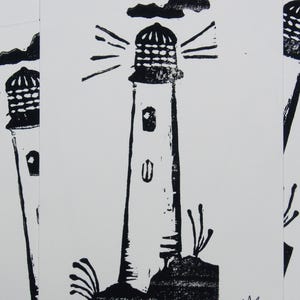 Lighthouse - Linocut Art, Lighthouse, Beach House Art, Relief Print ...
