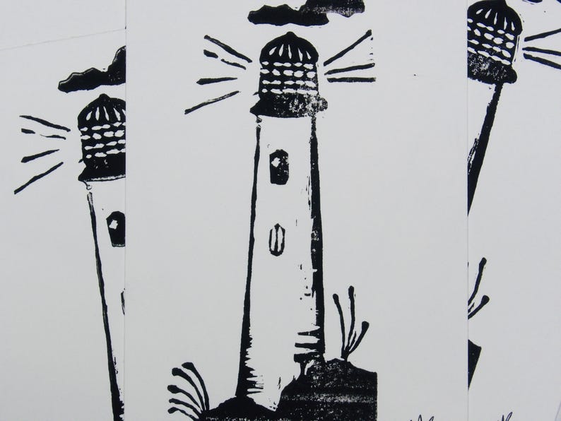 Lighthouse - Linocut Art, Lighthouse, Beach House Art, Relief Print ...